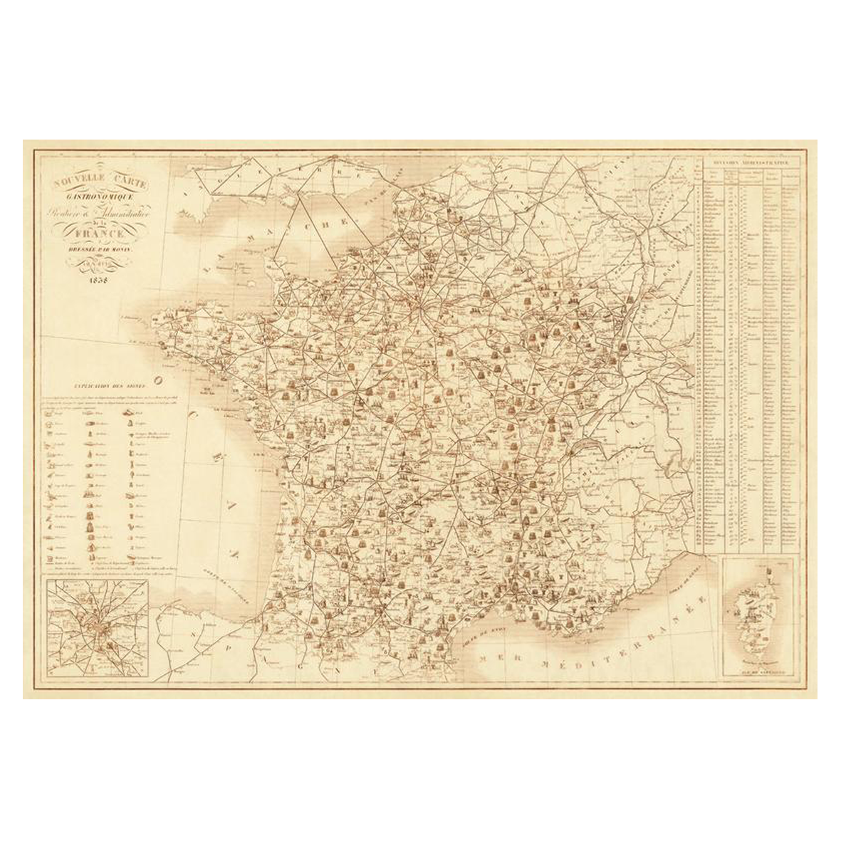 Vintage gastronomisk kort over Frankrig (70x100cm) - Art & Frame